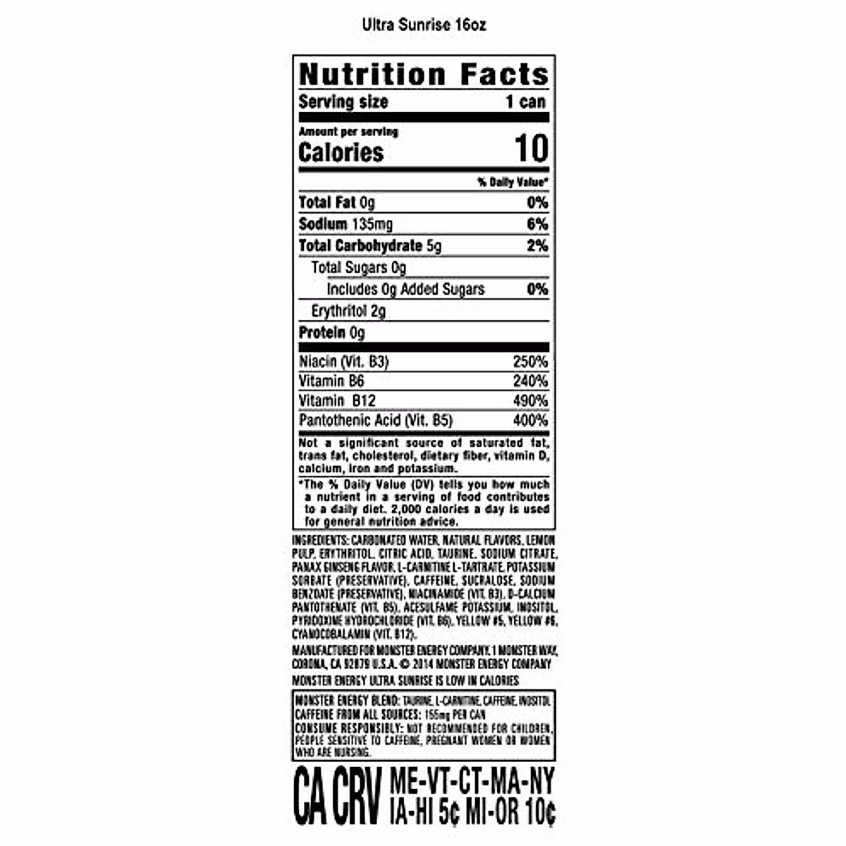 Monster Energy Ultra Sunrise, Sugar Free Energy Drink, 16 Fl Oz (Pack of 15)