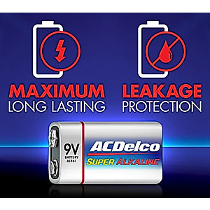 ACDelco 8-Count 9 Volt Batteries, Maximum Power Super Alkaline Battery, 7-Year Shelf Life, Reclosable Packaging