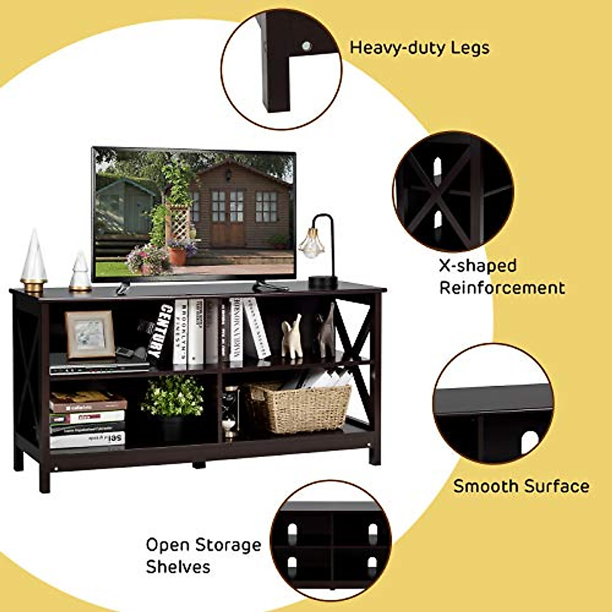 Tangkula TV Stand for TVs up to 55 Inches, 47" Farmhouse Entertainment Center with 4 Open Shelves & Built-in Cable Holes, TV Console Table with X-Shaped Frame for Living Room (Brown)