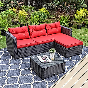 PHI VILLA Patio Sectional Clearance Manual Weaving Wicker Small L-Shaped Outdoor Furniture Sofa Set with Upgrade Rattan (3 Piece,Red)