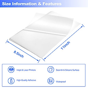 Printable Vinyl Sticker Paper Waterproof, Clear Sticker Paper for Laser and Inkjet Printer, 8.5" x 11"