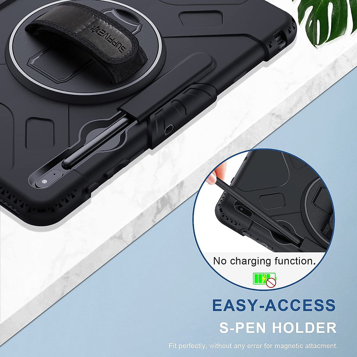 SUPFIVES Case for Samsung Galaxy Tab S7 FE/ S8 Plus 12.4 Inch: [Upgraded Military Grade] Full-Body Rugged Protective Soft Silicone Cover - Kick Stand- Handle/Shoulder Strap- S Pen Holder- Black