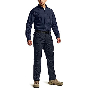 CQR Men's Long Sleeve Tactical Shirts, Ripstop Military Work Shirts, UPF 50+ Breathable Button Down Outdoor Hiking Shirt, Officer Work Shirts Dark Midnight Navy, Large