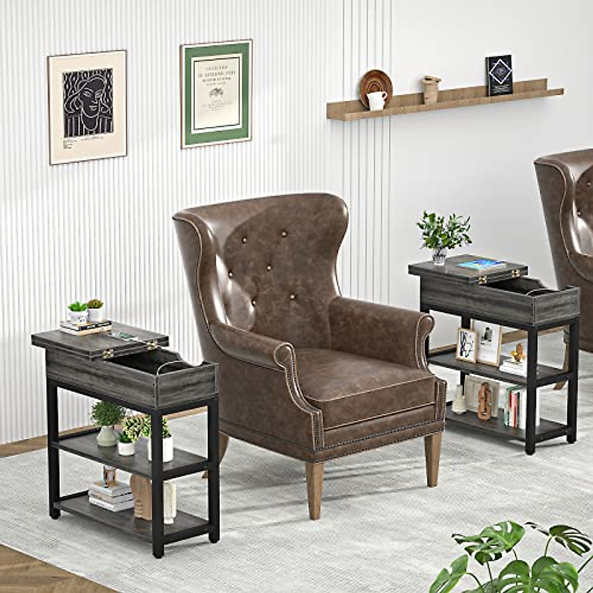 Aheaplus Sofa Side Table with USB Ports and Outlets, Narrow End Table Set of 2 with Charging Station, Bedside Nightstand with Storage Shelves, Slim Side Table，Black Oak