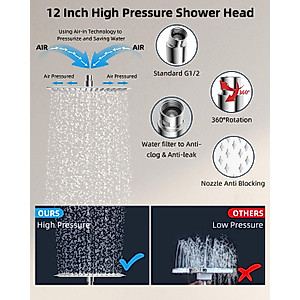 Hibbent All Metal 12'' Rainfall Shower Head, Square Shower Head Combo, High Pressure Handheld Shower Wand, 16'' Adjustable Arc-shaped Shower Extension Arm, 71'' Hose, 2 Showerhead Holders, Chrome
