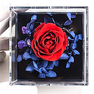 YAGELI Preserved Flower Ring Box for Wedding Ceremony - Acrylic Square Jewelry Box Double Ring Display Case Holder for Valentine's Day, Mother's Day, Gift for Her