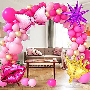 PLULON Pink Princess Balloon Garland Arch Kit with Hot Pink Tassel Plastic Tablecloth Pink Gold Metallic Balloons for Kids Girls Birthday Party Bridal Baby Shower Wedding Decorations