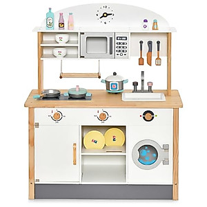 Costzon Kids Kitchen Playset, Wooden Pretend Cooking Toy with Sink & Faucet, Microwave, Dish Rack, Washing Machine, Play Kitchen with 15 PCS Toy Accessories for Toddlers, Gift for Boys Girls 3+