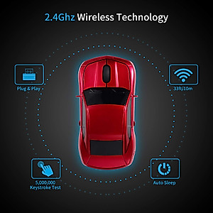 BKLNOG Wireless Car Mouse [Updated] with LED Headlights, 1600 DPI Sports Car Shaped Mouse for Mac, Computers, Red