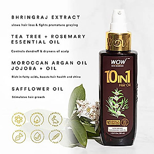 WOW Skin Science 10 in 1 Hair Oil - Dry Damaged Hair and Growth Hair Treatment Oil - Has Argan Oil for Hair & Rosemary Oil for Hair Growth - Hair Care for Women and Men (6.76 Fl Oz (Pack of 1))