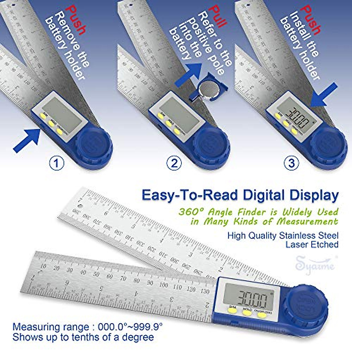 Digital Angle Finder Stainless Steel 7" 200mm 360° Angle Finder Tool for Woodworking,Machinery,Construction,Drawing,DIY Etc,Includes Special Storage Box,Polishing Cloth