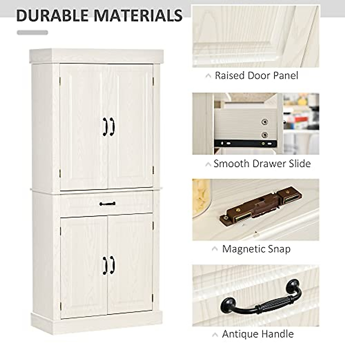 HOMCOM 71" Freestanding Kitchen Pantry with 4 Doors, and 2 Large Cabinets, Tall Storage Cabinet with Wide Drawer for Kitchen Dining Room, White