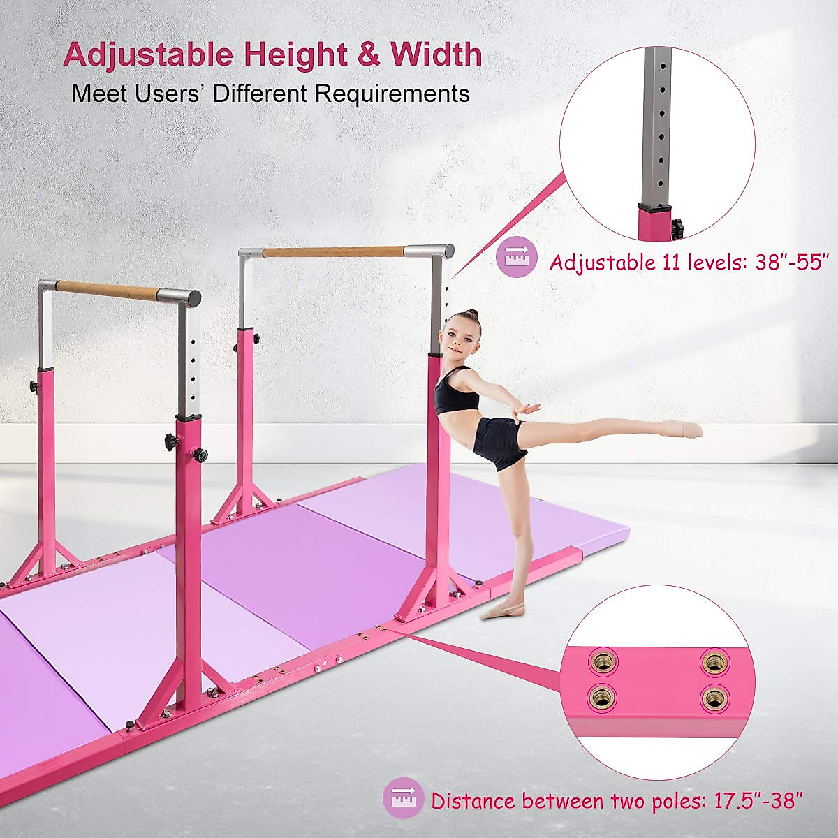 GOFLAME Double Horizontal Bars, Gymnastics Parallel Bars with Adjustable Height and Width, Junior Training Gym Bar for Kids, Ideal for Indoor Outdoor Use (Pink)