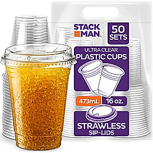 16 oz. Clear Cups with Strawless Sip-Lids, [50 Sets] PET Crystal Clear Disposable 16oz Plastic Cups
