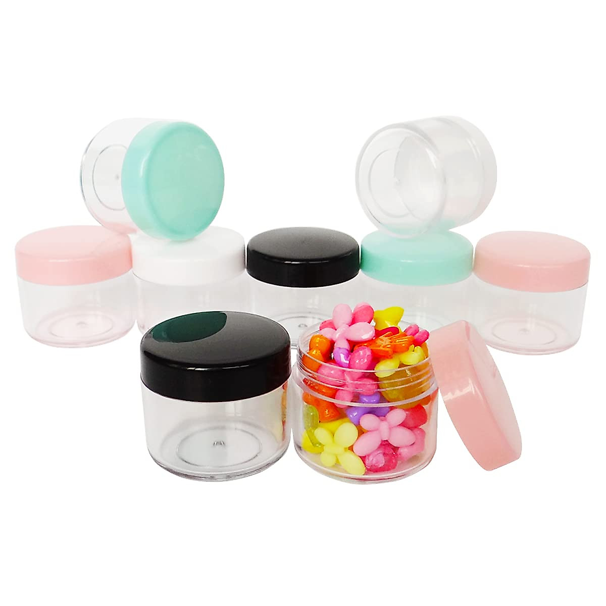 Wopanxye 20pcs 20ml Small Sample Jars, 20g Multi-color Empty Refillable Cosmetic Container, Plastic Round Pot Screw Cap, 20g Travel Bottles for Makeup Eye-shadow Nails Lip Gloss Balms, Extra Spatulas