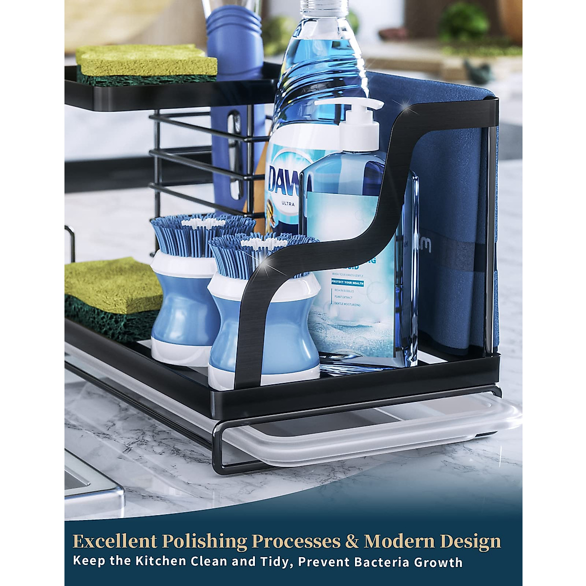 Consumest 5 in 1 Kitchen Sink Organizer with Removable Drain Tray, Quick Draining Kitchen Sink Caddy Rustproof Stainless Steel Sink Sponge Holder for Sponge, Cleaning Towel, Scrubber, Black