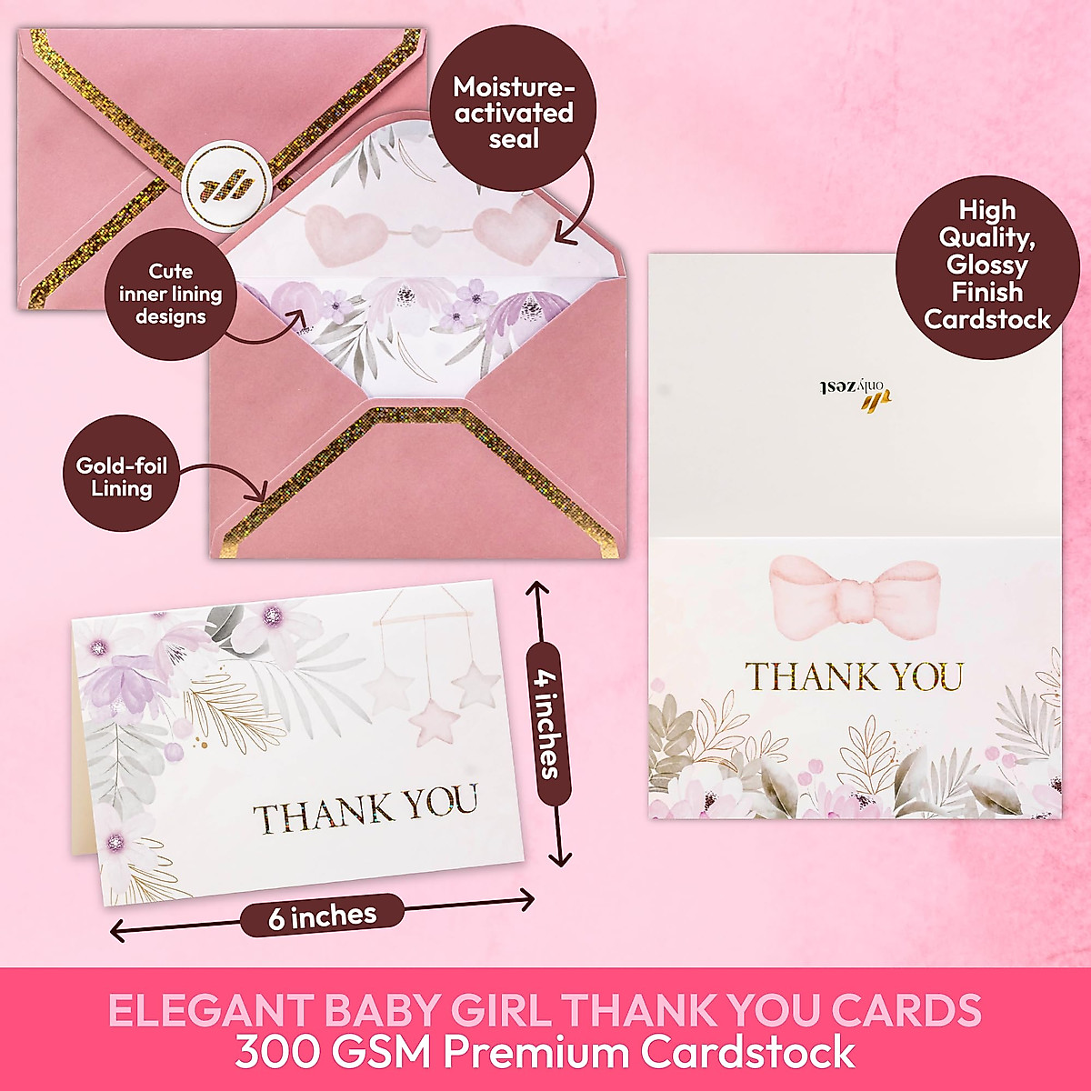 Only Zest Blank Thank You Cards with Envelopes Bulk, 50 Pack Elegant Baby Shower Thank You Cards with Stickers- Baby Girl Thank You Notes for Baptism, Birthday, Bridal Shower