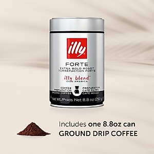 illy Drip Coffee - Ground Coffee - 100% Arabica Ground Coffee – Forte Extra Dark Roast - Notes of Dark Chocolate & Toasted Bread Aroma - No Preservatives – Rich & Strong – 8.8 Ounce
