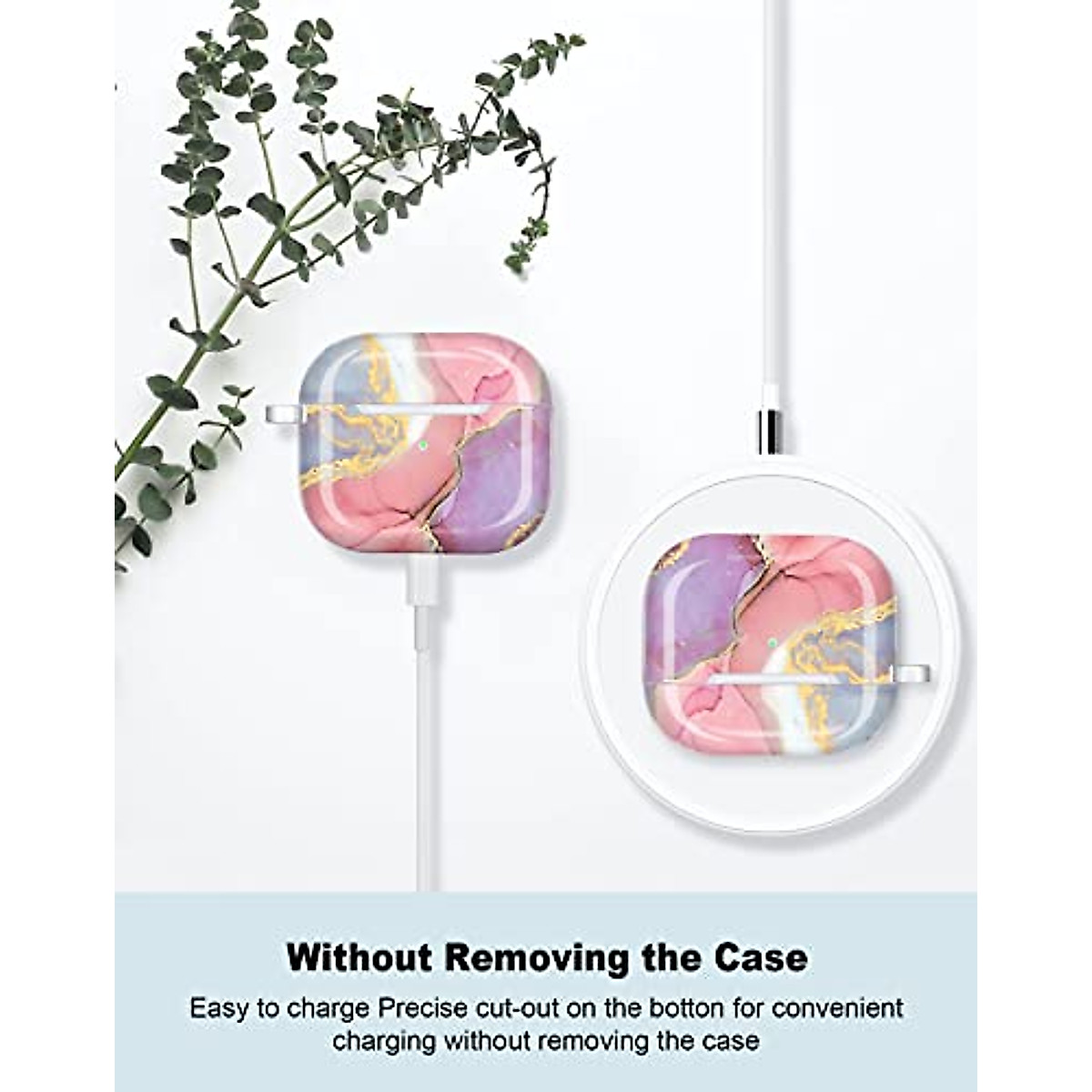 JIAXIUFEN Case Designed for AirPods 3 Case Cover Sparkle Glitter Marble Full Protective TPU Skin Accessories for Women Girl with Keychain Compatible with Airpods 3rd Generation Case - Pink Purple