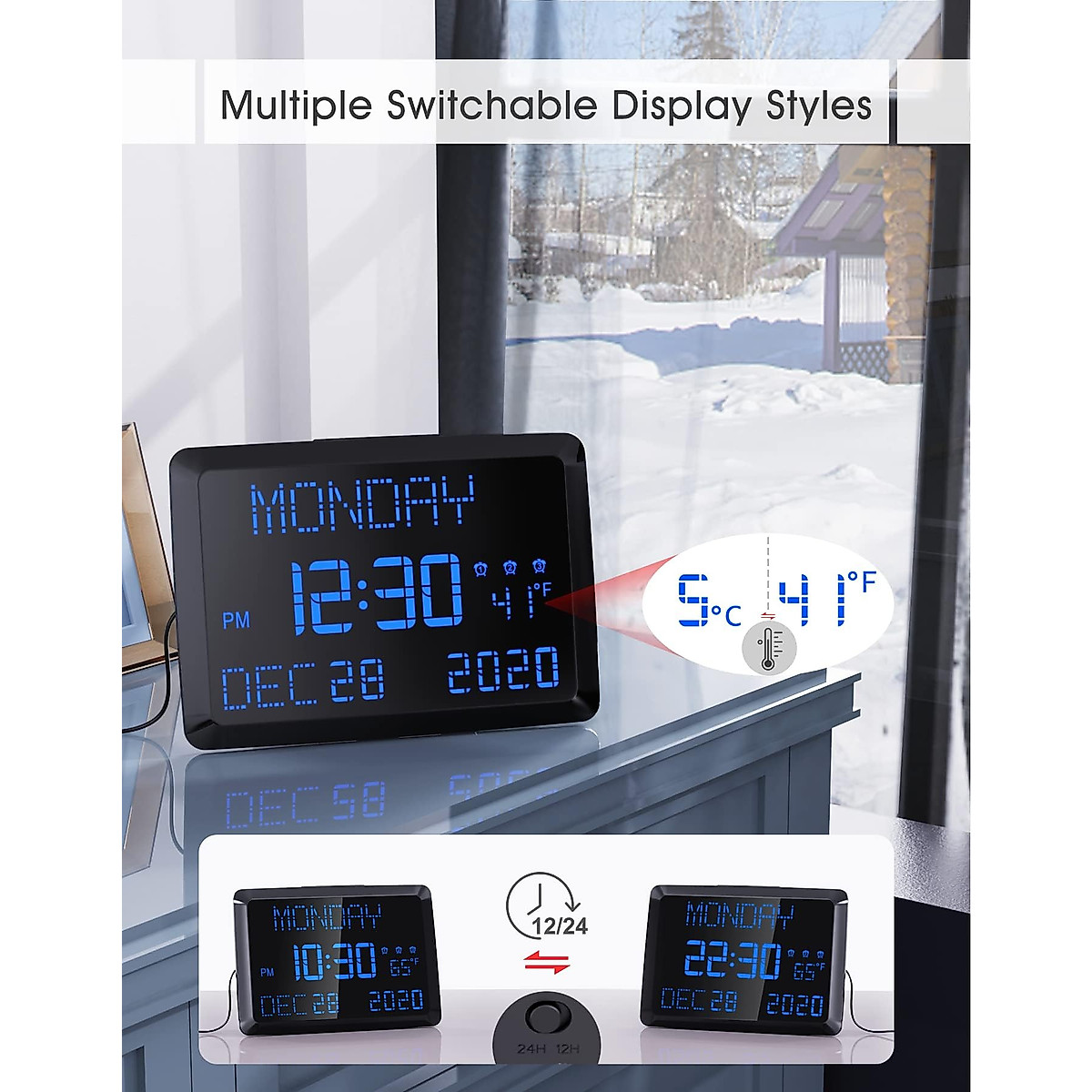 Digital Wall Clock, 11.5" Extra Large Display Calendar Alarm Day Clock with Date and of Week, Temperature,2 USB Chargers,3 Alarms, 5 Dimmer& 12/24Hr LED Desk for Office, Living Room, Bedroom, Elderly