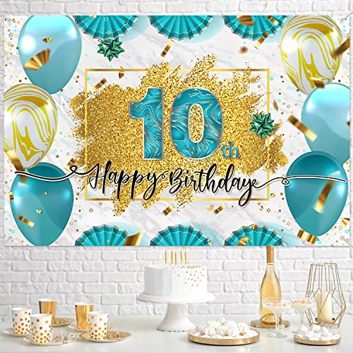 NC Teal Gold Happy 10th Birthday Backdrop Banner Decorations 10 Years Old Bday Background for Girls Boys Photography Party Decor Supplies Glitter