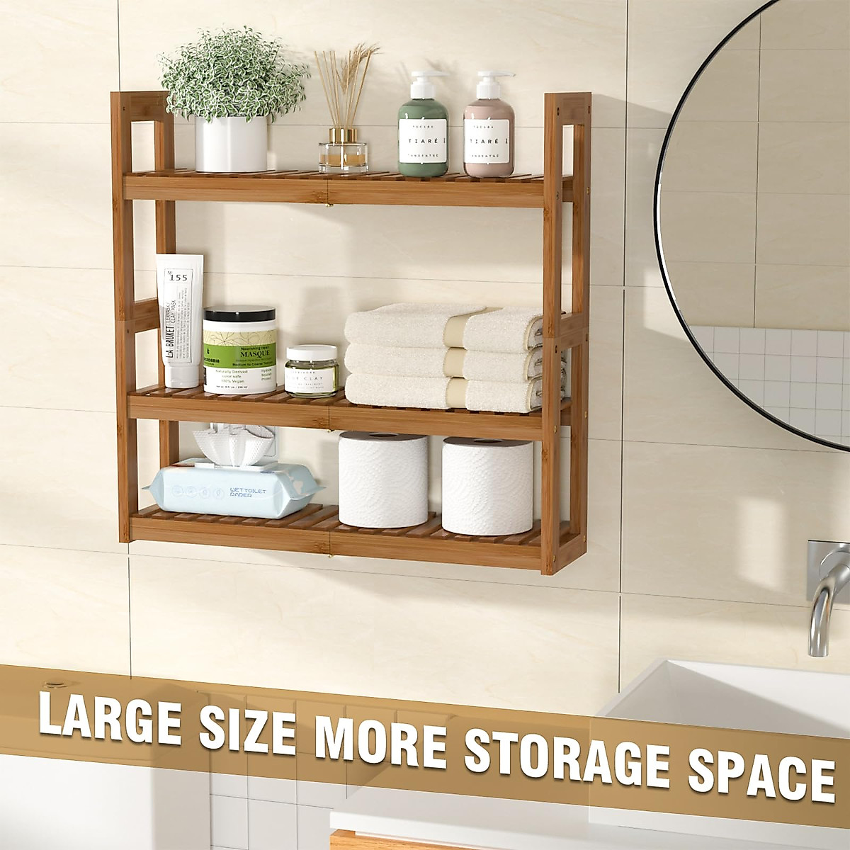 Domax Bathroom Shelves Over The Toilet Storage Shelf - 3 Tier Wall Mount Bamboo Bathroom Shelf Organizer Multifunctional Adjustable Layer Free Standing Utility Shelves for Bathroom Living Room Kitchen