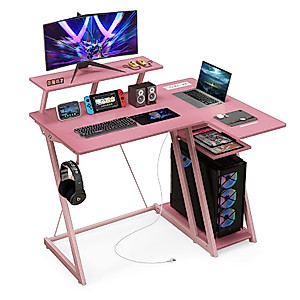 Tangkula L Shaped Gaming Desk with Power Outlets, Small Gaming Computer Desk 39inch with Storage Shelf, Corner Desk with Carbon Fiber Texture, Gamer Desk Gaming Table (Pink)