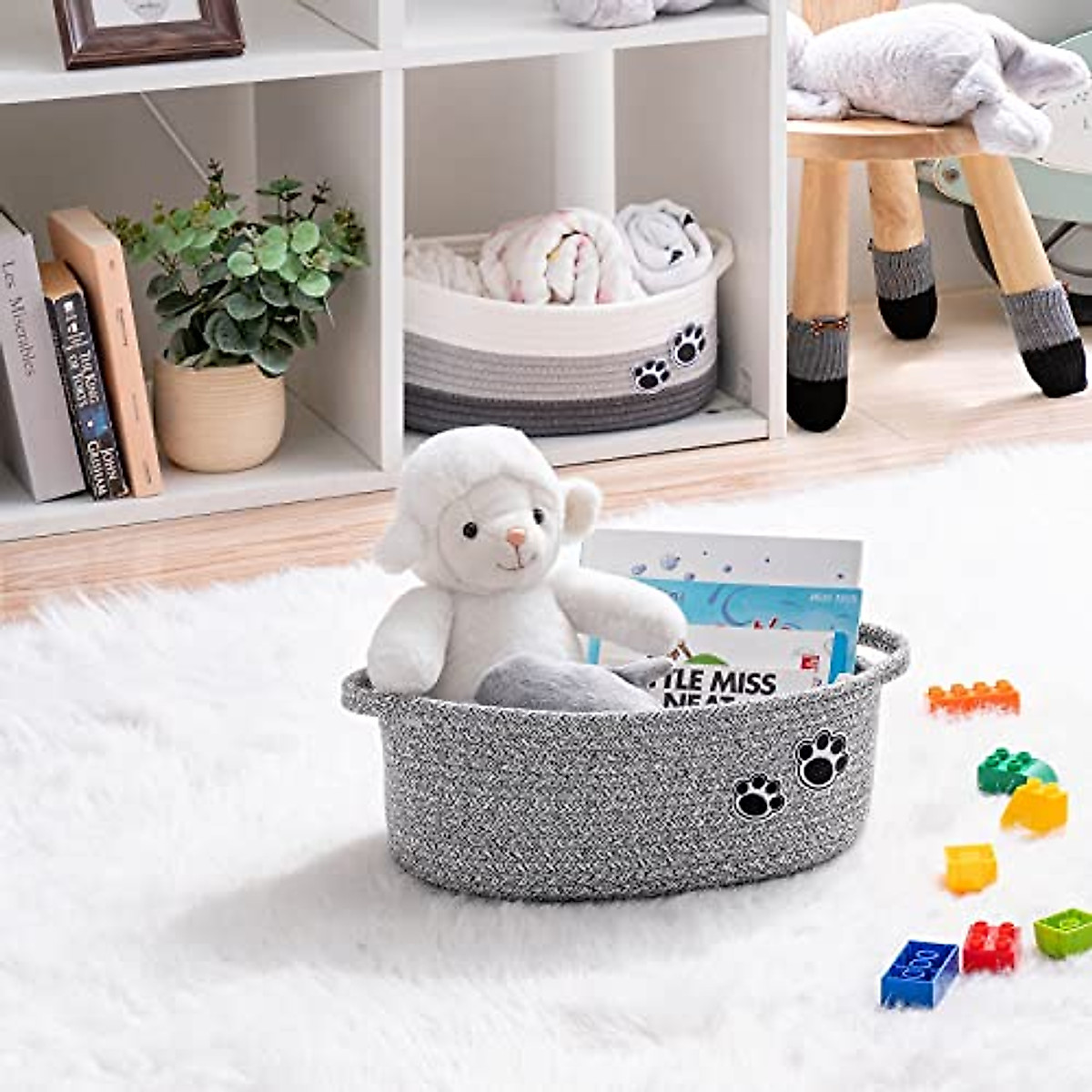 HiChen Small Cute Decorative Basket, Toy Basket for Dogs, Cats, Baby Nursery Storage Basket for Towels, Diapers, Woven Rope Basket for Shelf, 12 x 8 x 5 inches, Grey