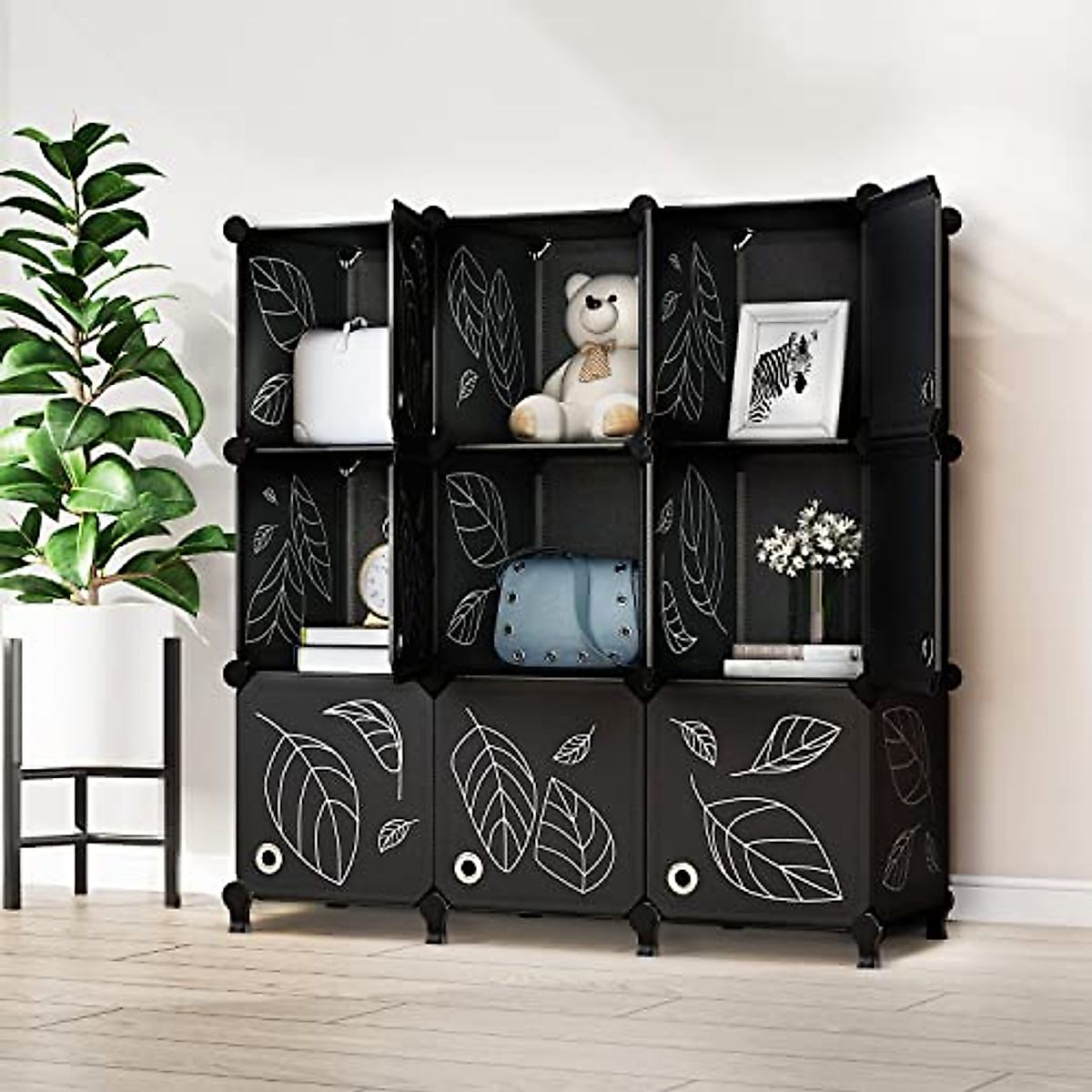 GREENSTELL Cube Storage Organizer, 9-Cube Closet Organizer with Doors, DIY Plastic Storage Cubes Organizer, Modular Storage Cabinet Book Shelf Shelving for Bedroom, Living Room, Office Black