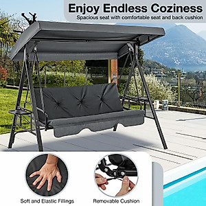 Tangkula 3 Person Porch Swing, 2-in-1 Convertible Patio Swing Bed with Adjustable Canopy, 2 Cup Holder Table, Soft Seat & Back Cushions, Outdoor Swing for Backyard, Garden, 1000 lbs Max Load (Grey)