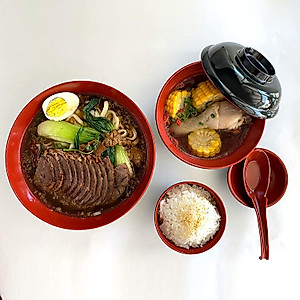 JapanBargain, Soup Bowl with Lid and Spoon for Miso Soup Rice Poke Donburi Noodle Pasta Cereal Black and Red Color Japanese Style with Hook Spoon, 21 oz (1, 21oz w/Gift Box)