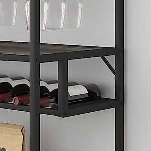 LVB Wine Rack Table, Liquor Bar Cabinet Freestanding Floor, Wooden Rustic Wine Storage with Wine Shelf and Glass Holder, Metal and Wood Modern Wine Cabinet for Home with Bottle Rack, Dark Gray Oak