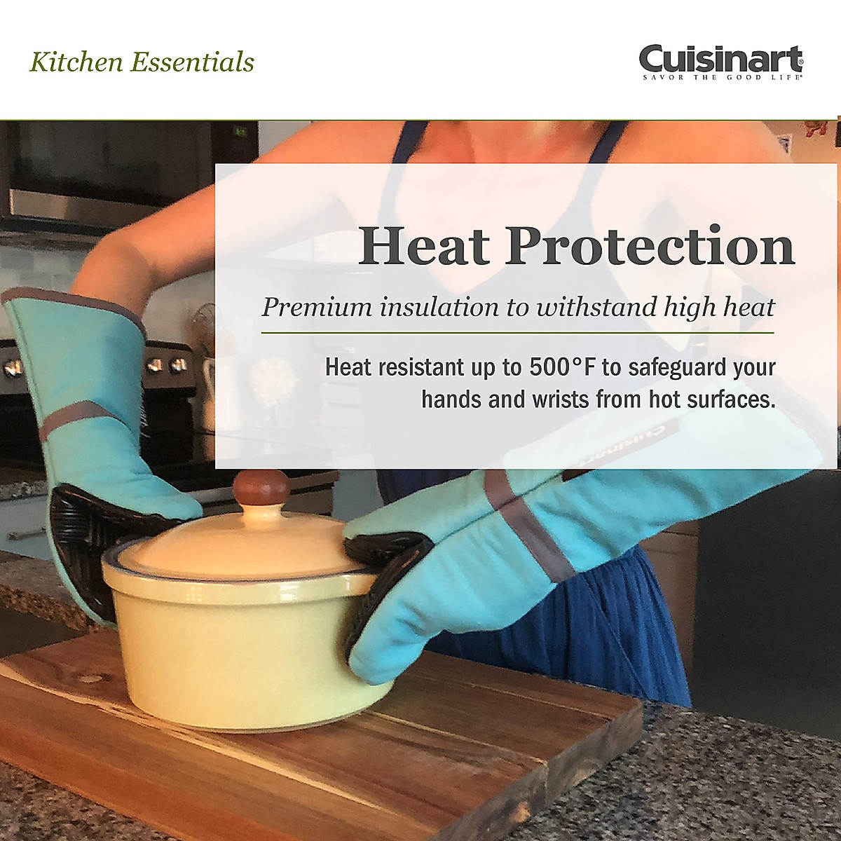 Cuisinart Silicone Oven Mitts, 2 Pack – Heat Resistant To 500 Degrees – Handle Hot Kitchen Items Safely – Non-Slip Silicone Grip Oven Gloves with Insulated Deep Pockets and Hanging Loop – Aqua