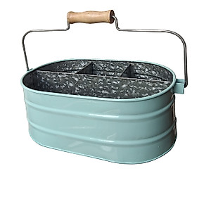 Homebia Designs Galvanized Metal Caddy with 4 Compartments, Rustic Farmhouse Kitchen Indoor Outdoor Picnic Utensil Holder, Multipurpose Storage Bin, Metal Garden Planters - 12 Inch - Aqua