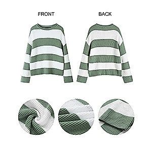 ZESICA Women's 2023 Fall Long Sleeve Crew Neck Striped Color Block Comfy Loose Oversized Knitted Pullover Sweater,Green,Small