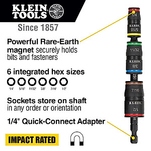 Klein Tools 32907 Impact Driver, 7-in-1 Impact Flip Socket Set with 1/2, 7/16, 3/8, 11/32, 5/16, 1/4 Nut Driver Sizes and 1/4-Inch Bit Holder
