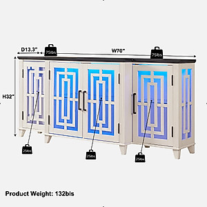 JXQTLINGMU TV Stand for 80 Inch TV, Farmhouse Entertainment Center with RGB LED Light, Media Console with 3 Ultra Large Storage Cabinets and 3-Sides Hollow Out for Living Room, Bedroom, Antique White