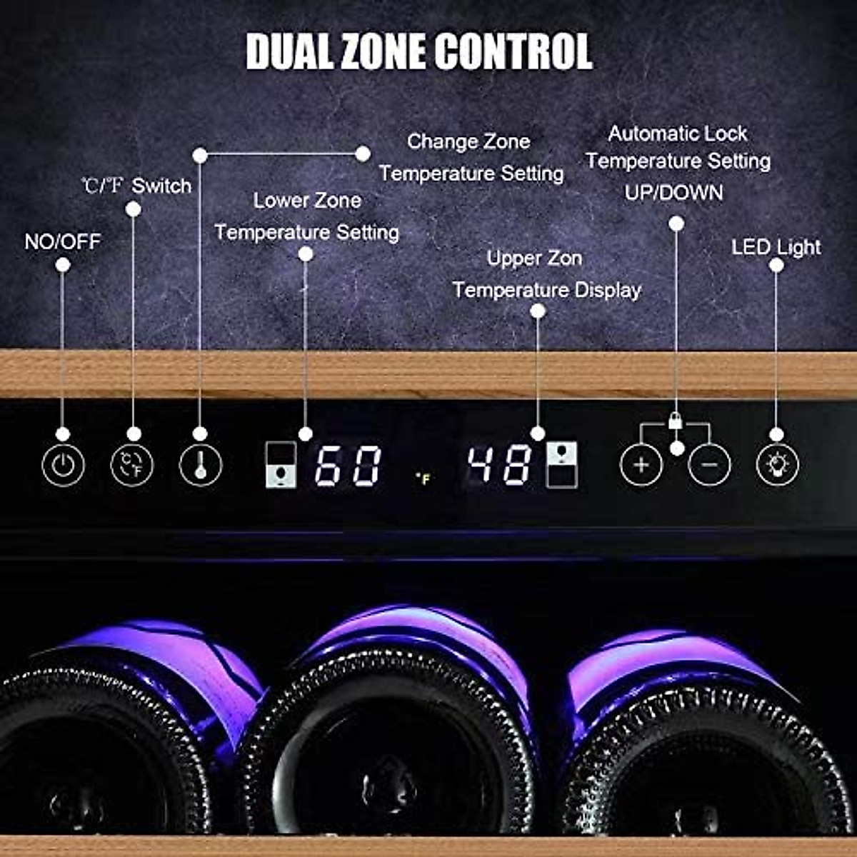 Joy Pebble Wine Cooler 28 Bottle Dual Zone Built-in Wine Cellar with Stainless Steel & Double-Layer Tempered Glass Door and Temperature Memory Function