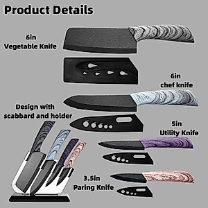 Ceramic Knife Sets for Kitchen 4 Piece with Holder,Ceramic Chef's Paring Knives with Steath,Vegetable Cutting Knife Lettuce Knife Suitable for Fruits,Vegetables and Meat
