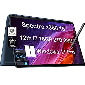 HP Spectre x360 2-in-1 Business Laptop (16" 3K QHD+ Touchscreen, Intel 14-Core i7-12700H, 16GB RAM, 2TB SSD, IST Stylus), Long Battery Life, Fingerprint, Backlit, Thunderbolt 4, Wi-Fi 6E, Win 11 Pro