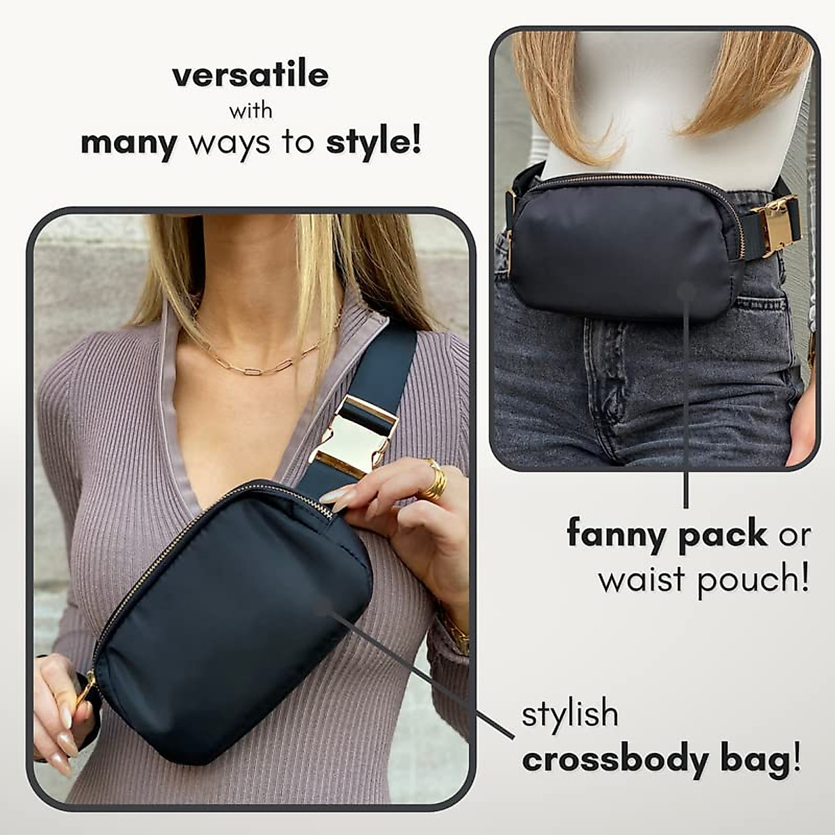 Boutique Belt Bag | Crossbody Bag Fanny Pack for Women Fashionable | Cute Mini Everywhere Bum Hip Waist Pack | Small Fashion Travel Chest Bag | Gold Accessories | Adjustable Extended Strap | Black