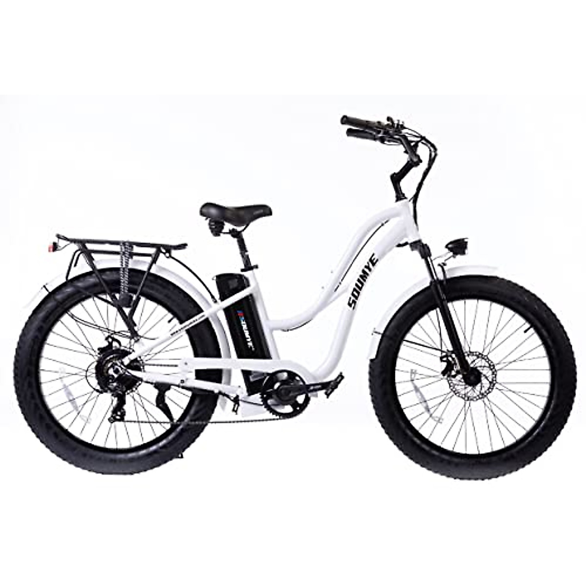 Soumye 26”x4.0 Snow Fat Tire Beach Cruiser Electric Bicycle 750W Brushless Motor 48V/16Ah Battery Max Speed 28m/h Step-Thru Frame M5 Display Shimano 7 Gears e-Bike for Adults (S142-White)