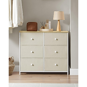 SONGMICS Bedroom, Chest, 6 Drawer, Closet Fabric Dresser with Metal Frame, by The yard, Camel Yellow + Cream White