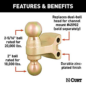 CURT 45923 Replacement Dual-Ball for Adjustable Trailer Hitch Ball Mount #45902 or #45927, YELLOW ZINC