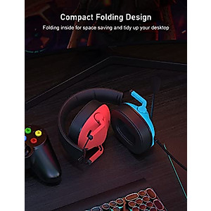 SENZER SG500 Surround Sound Pro Gaming Headset with Noise Cancelling Microphone - Detachable Memory Foam Ear Pads - Portable Foldable Headphones for PC, PS4, PS5, Xbox One, Switch - Red&Blue