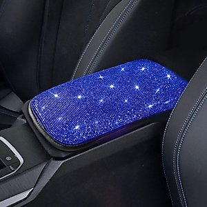 FUNOJOY Car Armrest Cover for Women Blue Diamond Rhinestone Bling Car Accessories Car Decor for Women