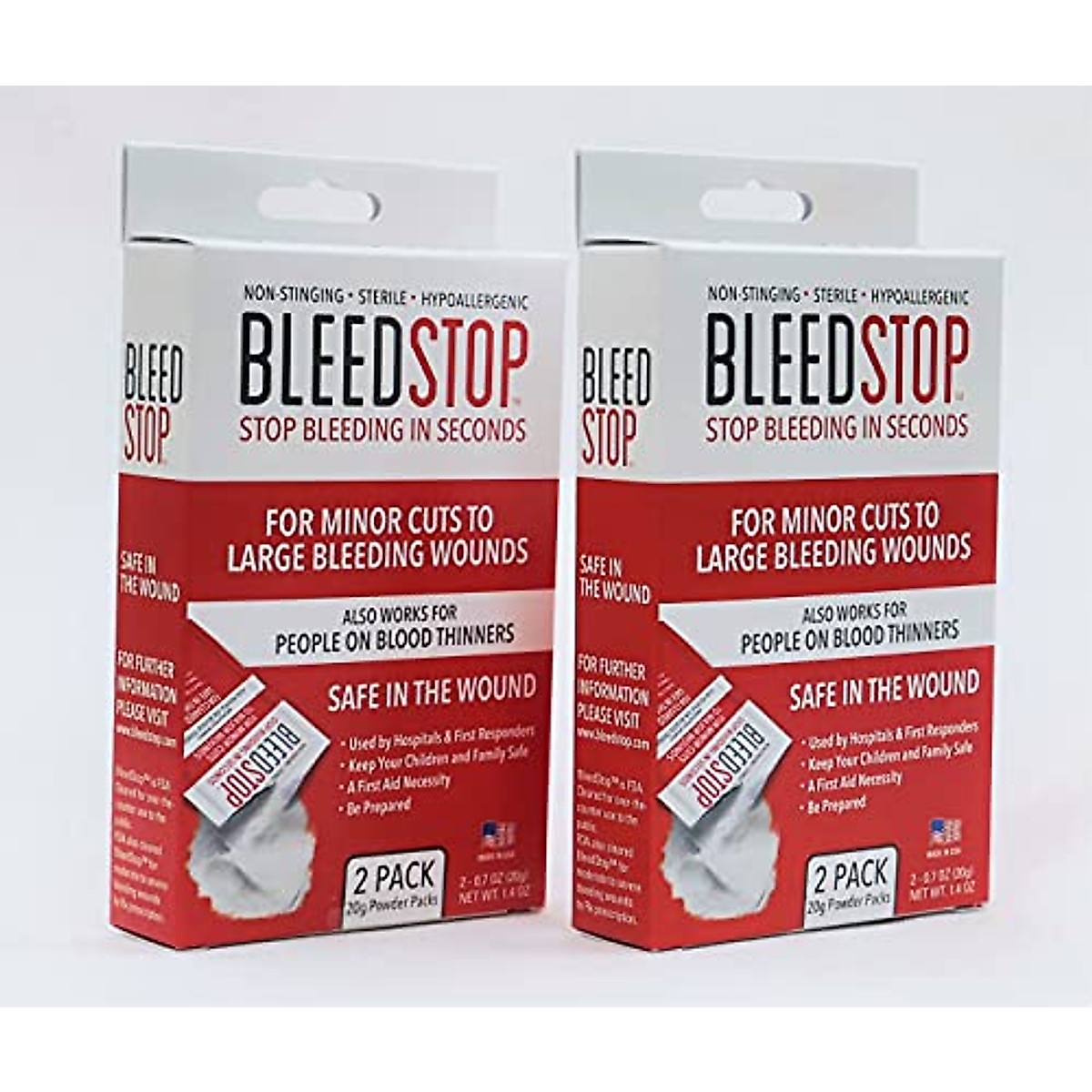BleedStop™ First Aid Powder for Blood Clotting, Trauma Kit, Blood Thinner Patients, Camping Safety, and Survival Equipment for Moderate to Severe Bleeding Wounds or Nosebleeds - 4 (20g) Pouches