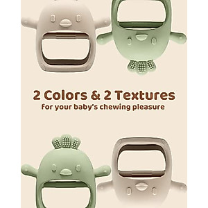 2 Packs Baby Teething Toy Silicone Teething Mitten for Babies Over 3 Months Anti Dropping Wrist Hand Teethers Baby Chew Toys for Sucking Needs, BPA Free (Green & Caramel)