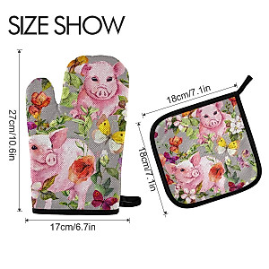 Pot Holders Oven Mitts Sets - Pigs Summer Flowers Butterflies Hot Gloves Hot Pads Non-Slip Potholders for Kitchen Cooking Grilling