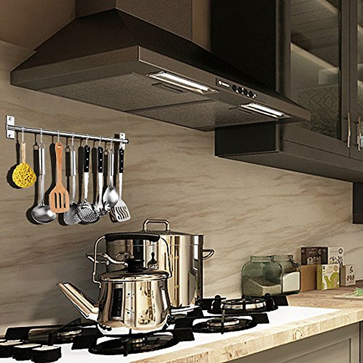 Petilleur Kitchen Sliding Hooks, Stainless Steel Hanging Rack Rail Organize Kitchen Tools with 10 Utensil Removable S Hooks for Towel, Spoon, Coats, Bathrobe, BBQ,Wall Mounted Hanger (60CM 10 Hooks)